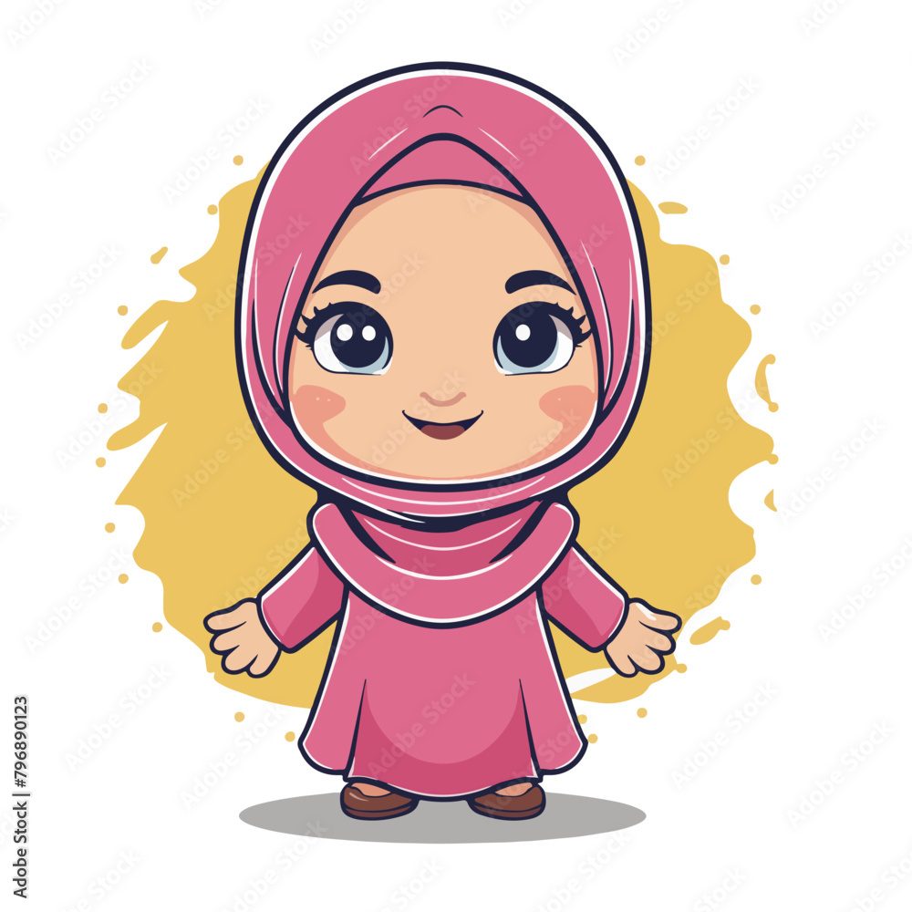 Cute Kawaii Chibi Muslim Women Cartoon Characters Isolated Vector ...