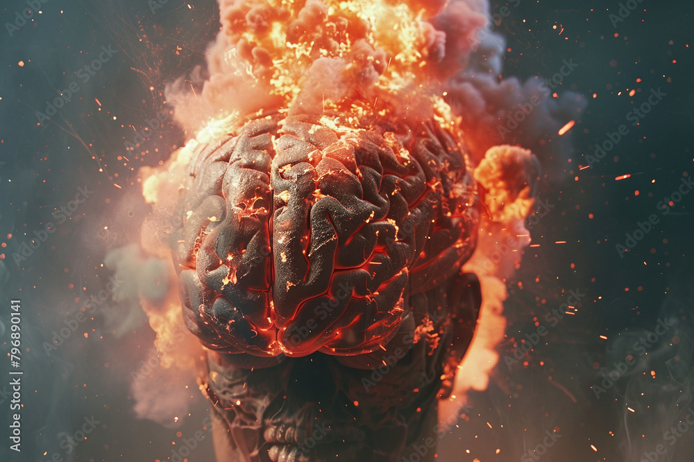 Brain on fire. Brain explosion with fire, sparks and smoke. Concept of ...
