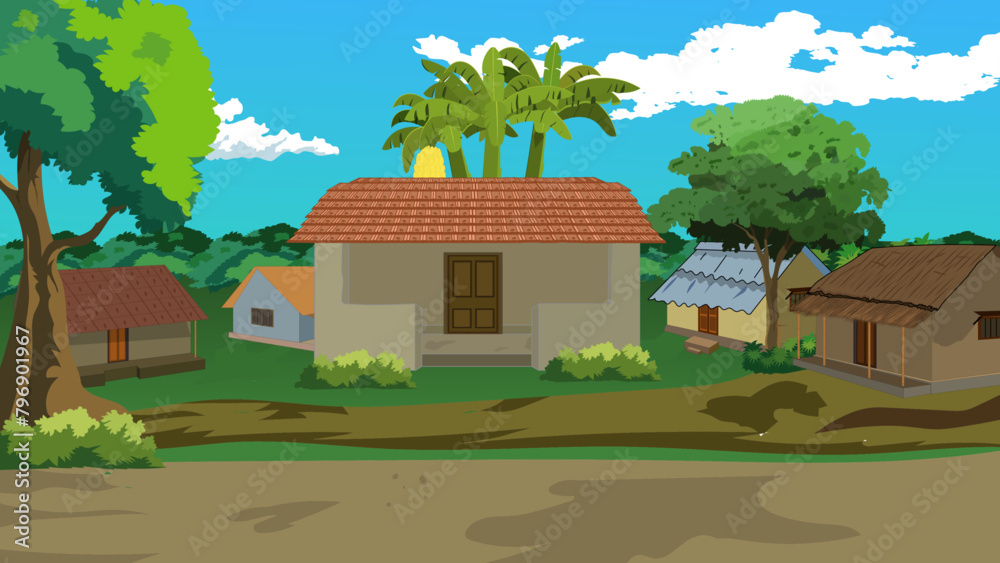 Indian Rural village background illustration, village house vector ...