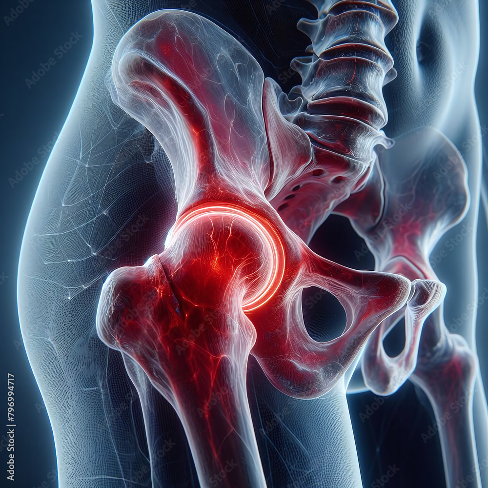 Detailed 3D illustration of the human hip joint with a highlighted pain ...