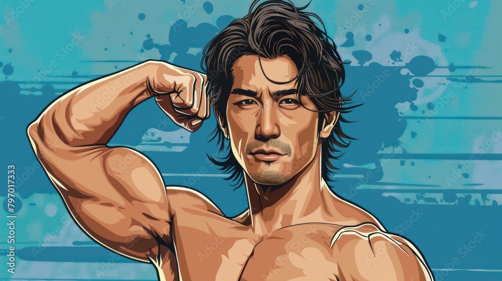Shirtless Asian man showcases muscular build, a visual representation ...