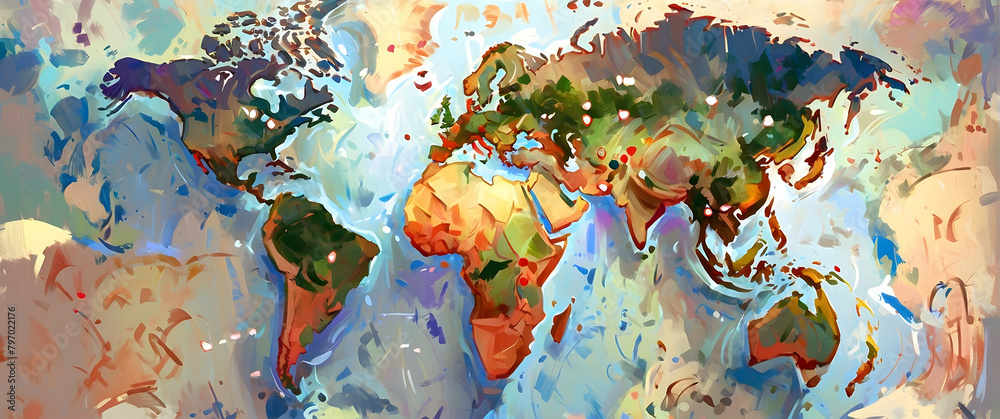 This abstract painting presents a world map awash in vivid colors and ...