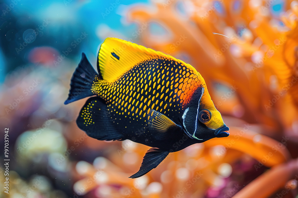 Black and yellow angelfish swimming in coral reef, colorful fish ...