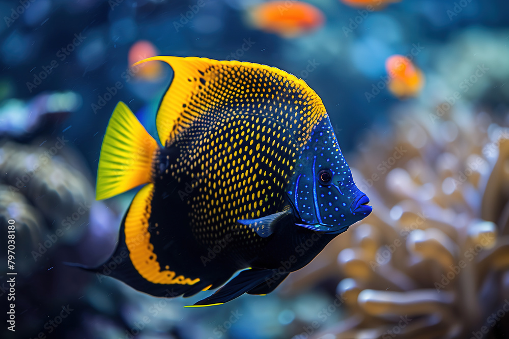 Black and yellow angelfish swimming in coral reef, colorful fish ...