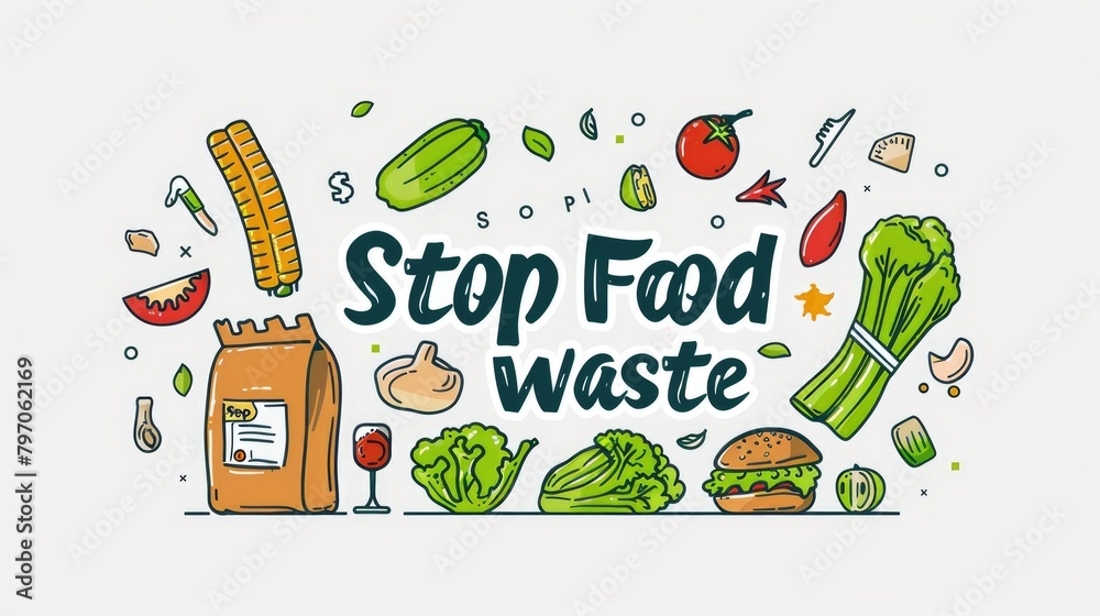 Stock-Illustration „Dynamic Stop Food Waste Eco Campaign. Hand-drawn ...