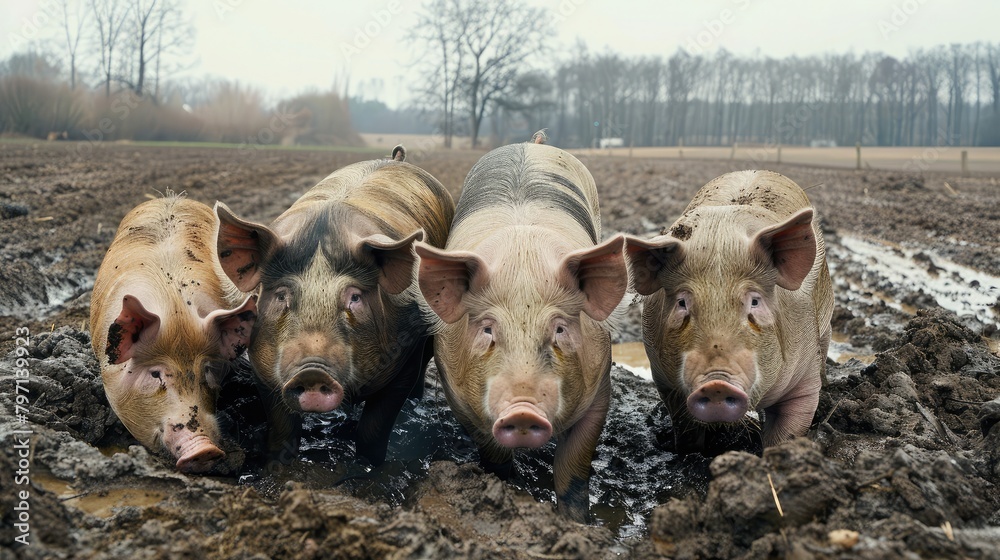 family of pigs rooting and snuffling in a muddy field, demonstrating ...