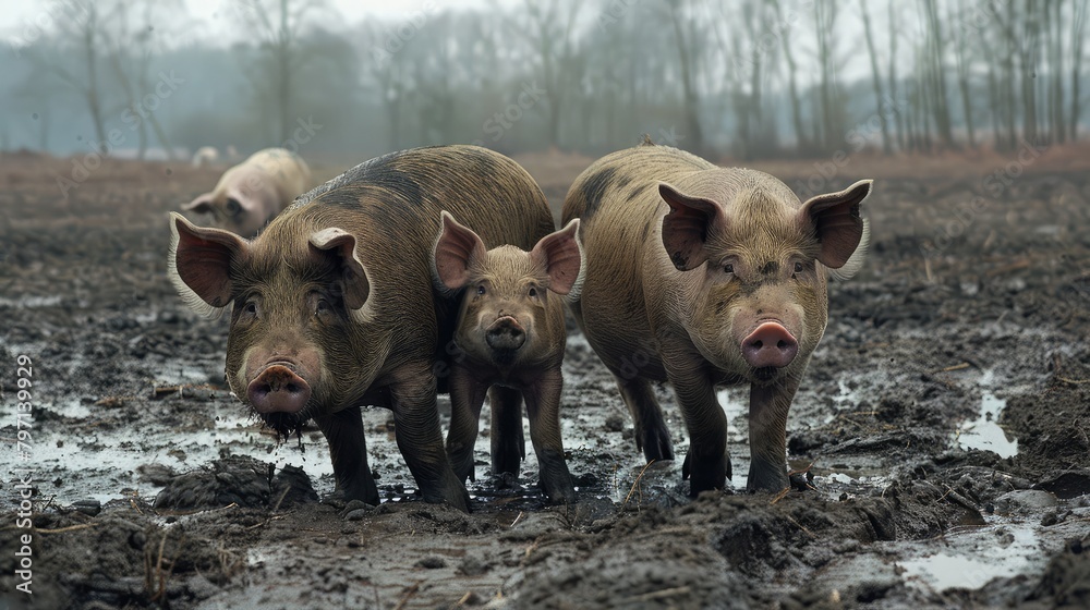 family of pigs rooting and snuffling in a muddy field, demonstrating ...