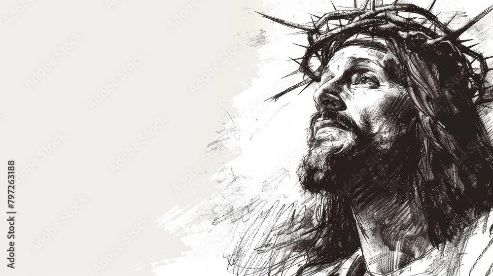sketch of jesus christ with copy space on white background handdrawn ...