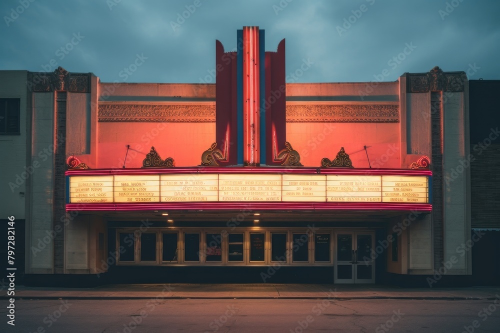 Old movie theater marquee in the 1970s city architecture illuminated ...