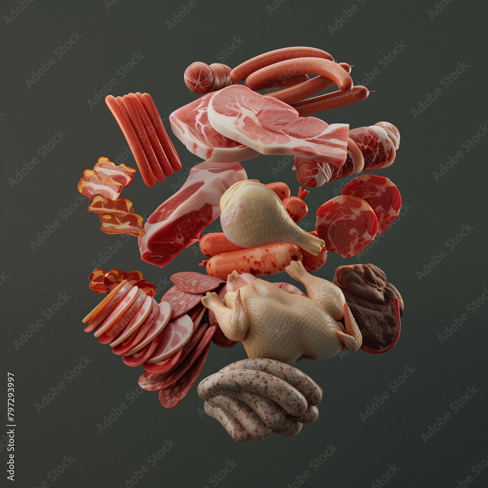 Floating assortment of grocery items including cuts of steak, chicken ...