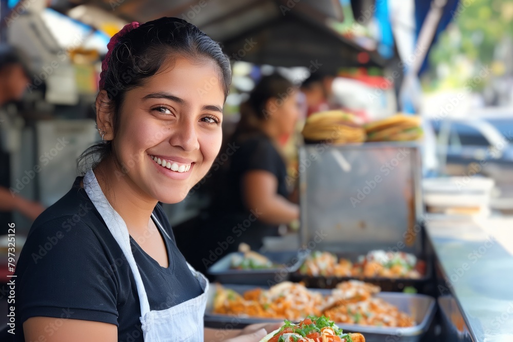 Mexican woman working at a street taco shop Stock Photo | Adobe Stock