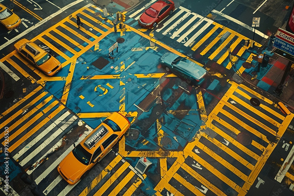 A parking lot vibrant with yellow and blue paint, creating a colorful ...