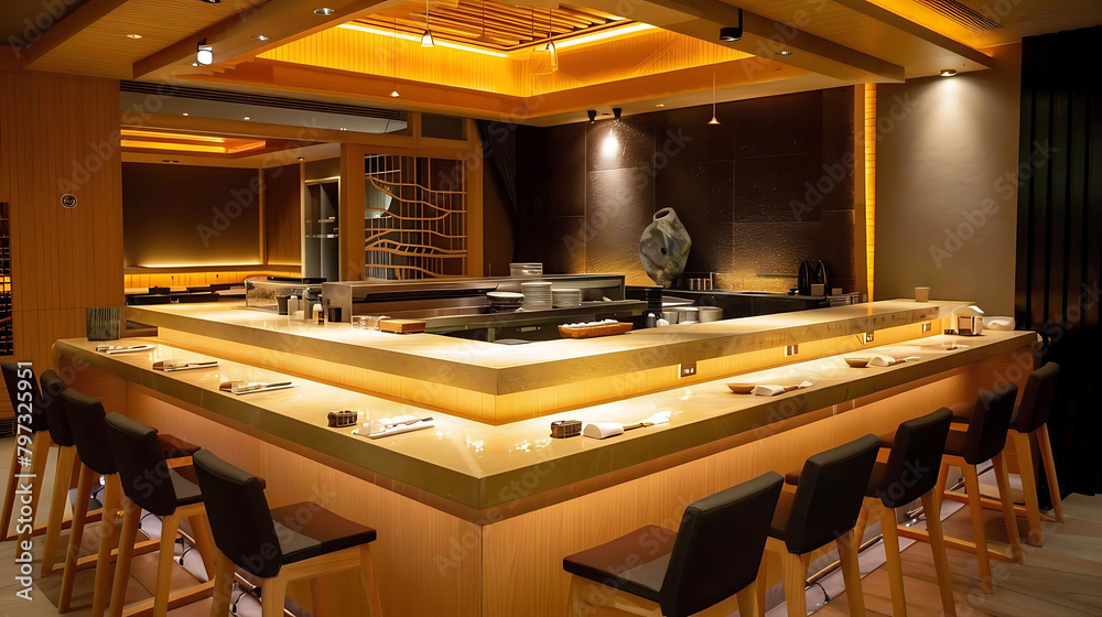 sushi bar counter with a variety of seating options, including black ...