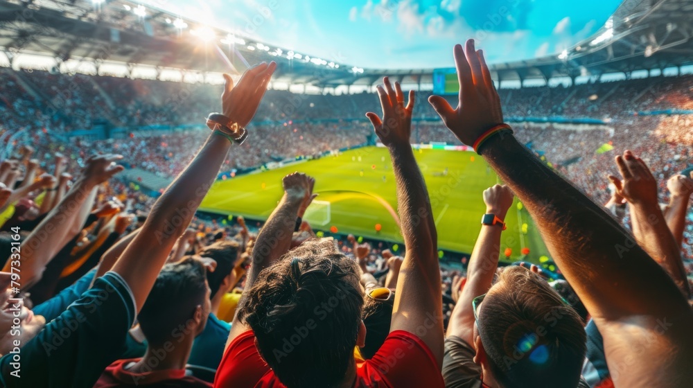 Back view of supporting cheering soccer fans with raising hand Stock ...