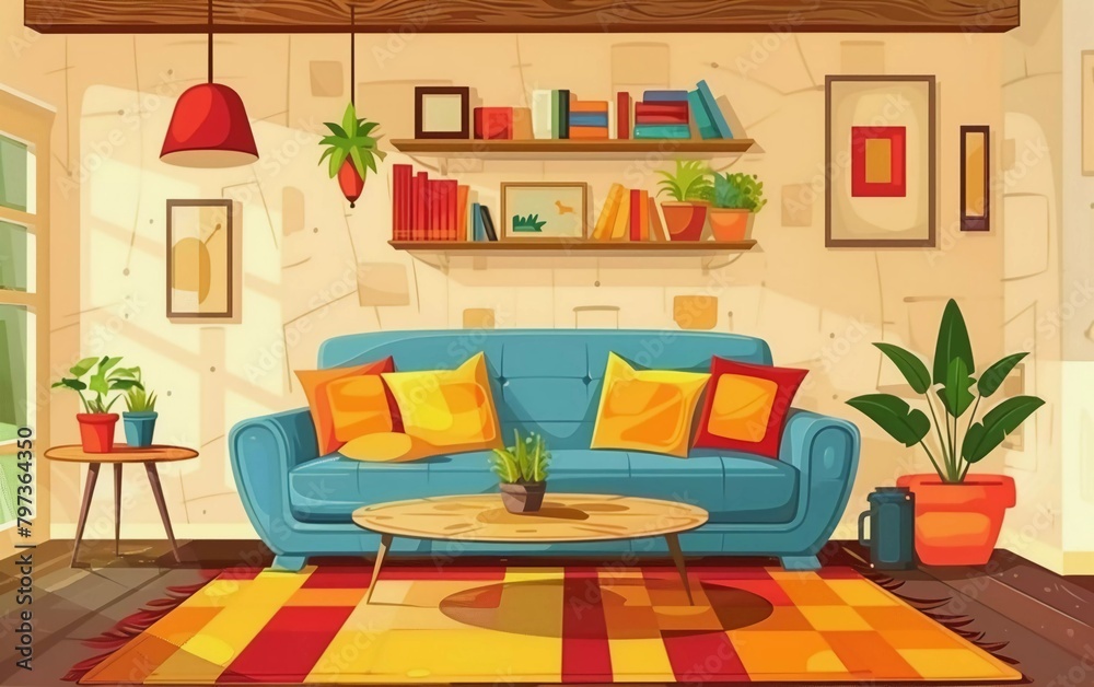 living room interior with furniture cartoon vector illustration Stock ...