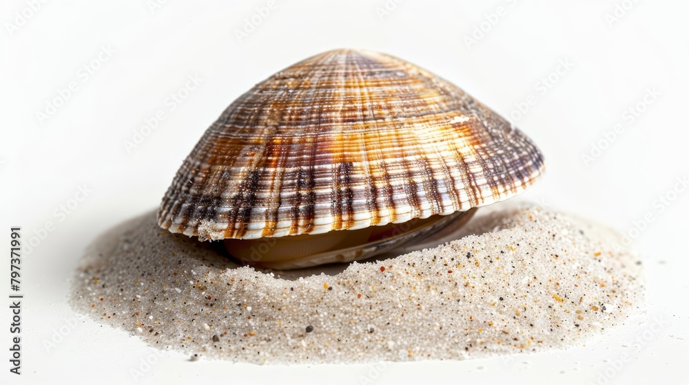 A calm clam partially buried in sandy substrate, its shell slightly ...