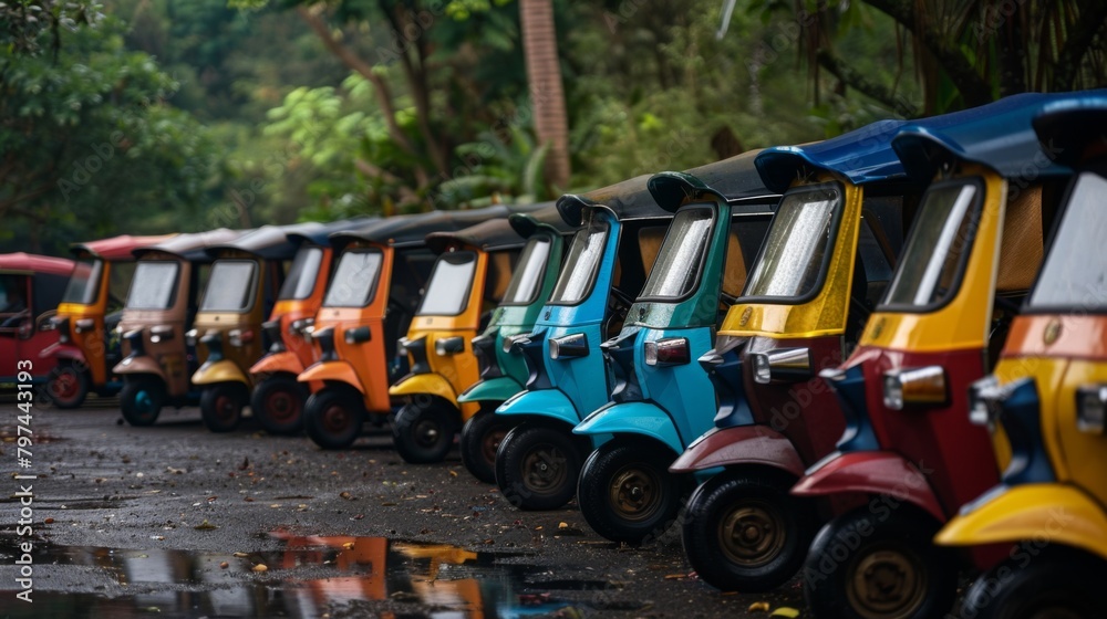 A fleet of tuk-tuks parked in a row, offering transportation services ...