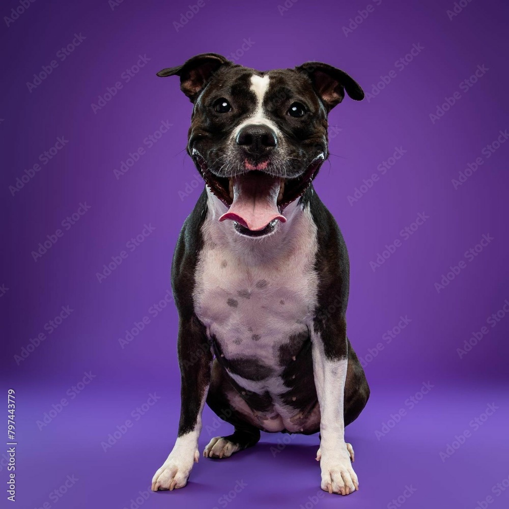 Beautiful American bully puppy dog isolated on Purple background ...