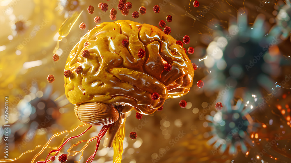 A yellow human brain is illustrated with blue steel thin nerves and red ...