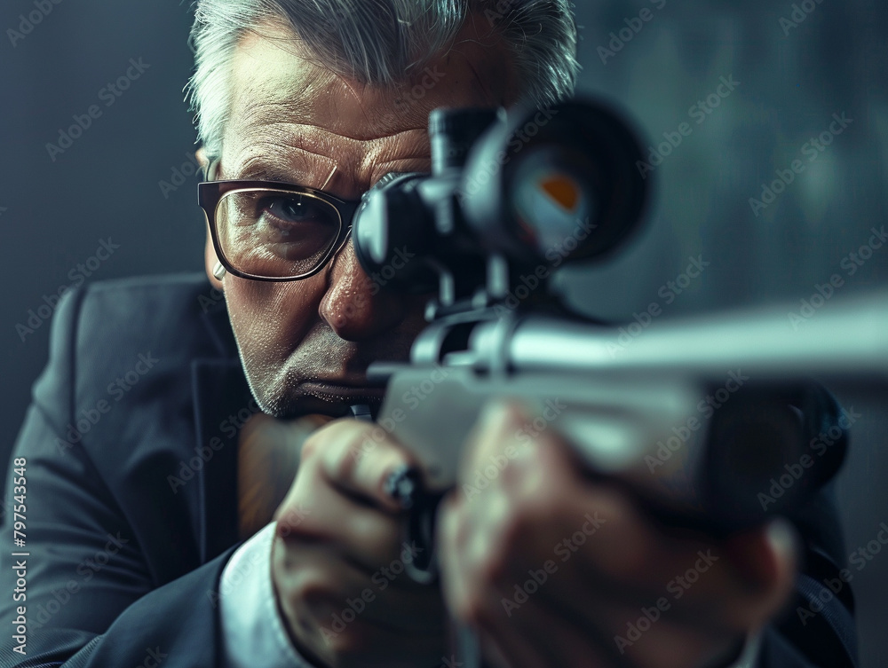 A sharp-dressed businessman taking careful aim with a sniper rifle ...