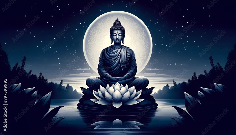 Buddha purnima illustration with buddha statue on full moon night ...