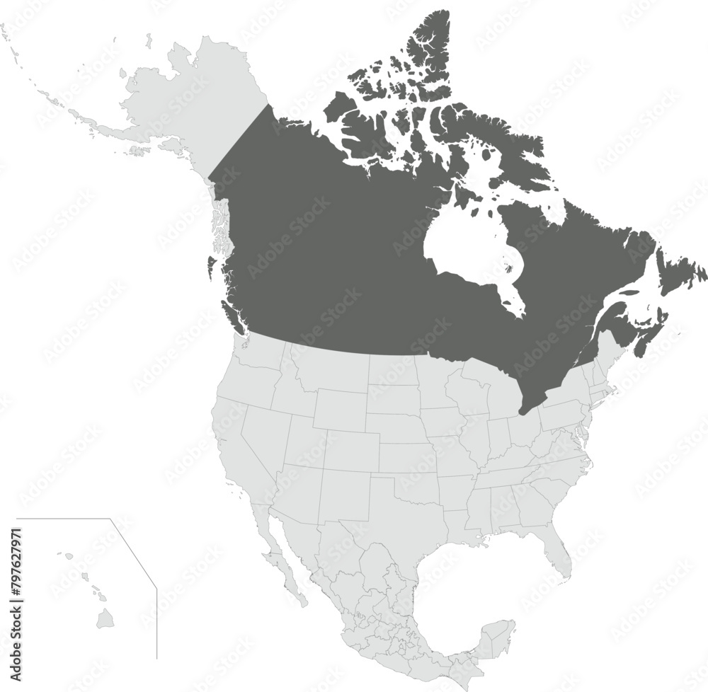Dark grey detailed blank political map of CANADA with black state ...