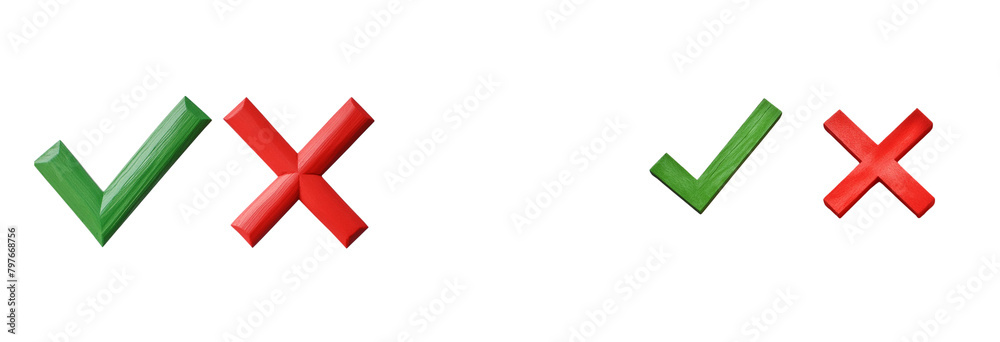 Green check mark, red cross mark icon set. Isolated tick symbols, checklist signs, approval ...