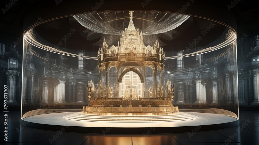 Dynamic isometric 3D scene of a crown encased in glass within a museum ...