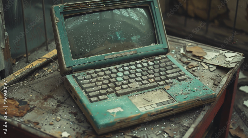 Old and dusty teal-colored laptop with a broken screen, abandoned on a ...