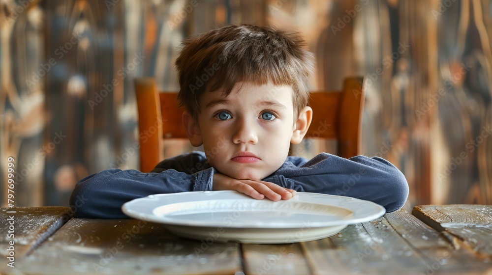 sad, hungry, starving boy with empty plate, concept of poverty and ...