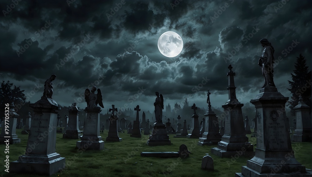 A gothic-style graveyard with dramatic angel statues, dark clouds ...