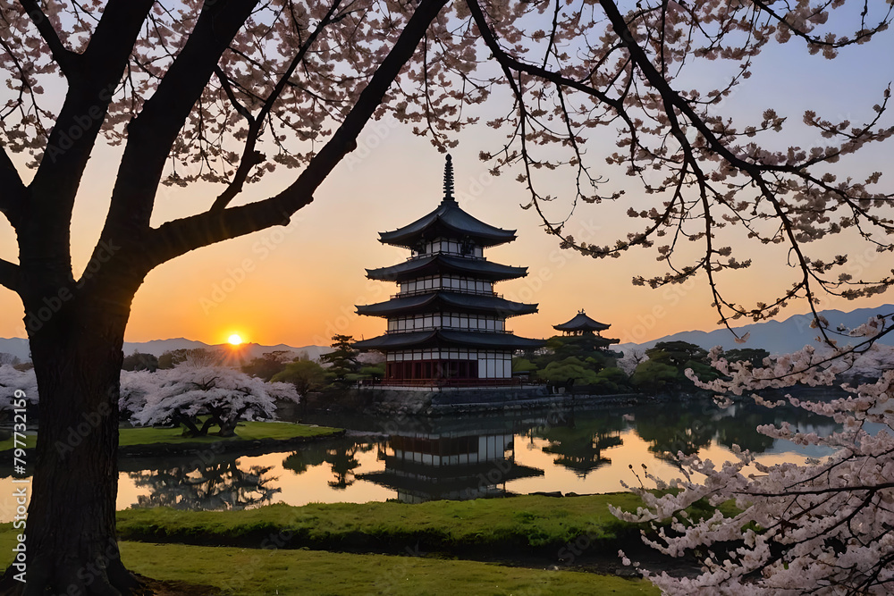 Landscape with a classic Pagoda palace by the lake at sunset. Cherry ...