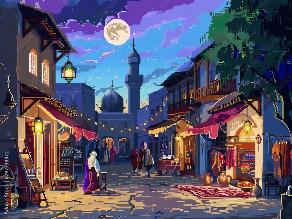 Pixel art Arabian nights bazaar with magic carpets and mystical vendors ...