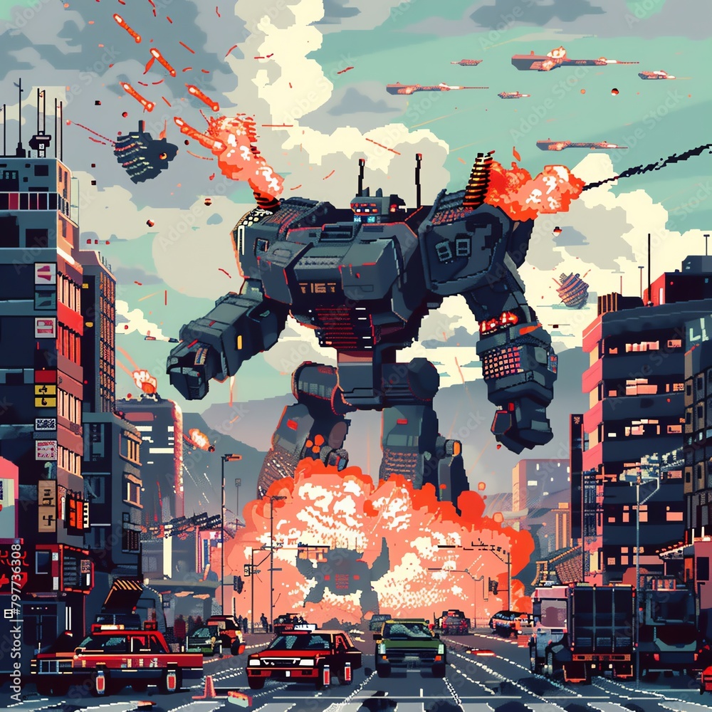 Retro pixel art giant robot showdown in a futuristic city with ...