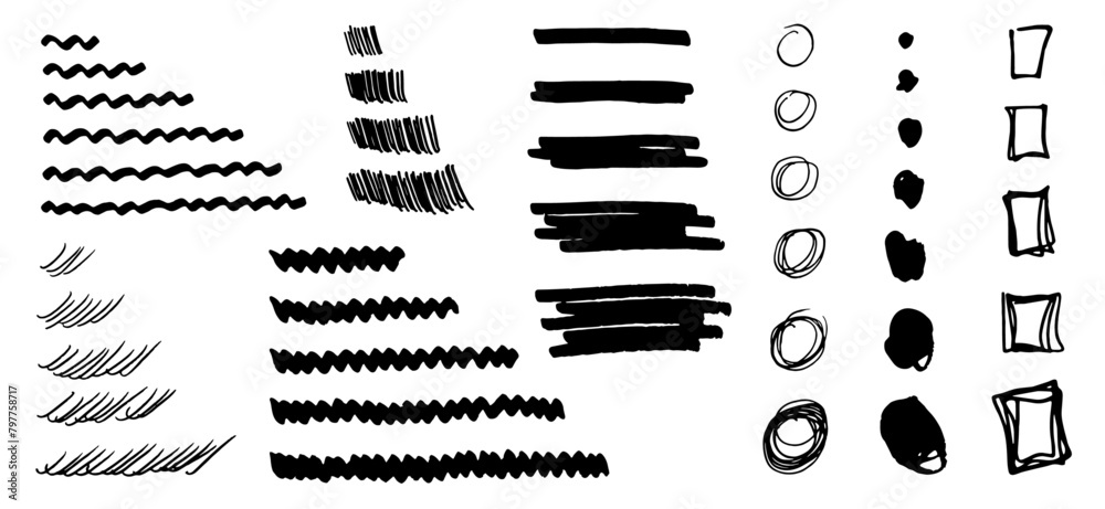 Hand drawn brush strokes, waves circles and squares with rough edges ...