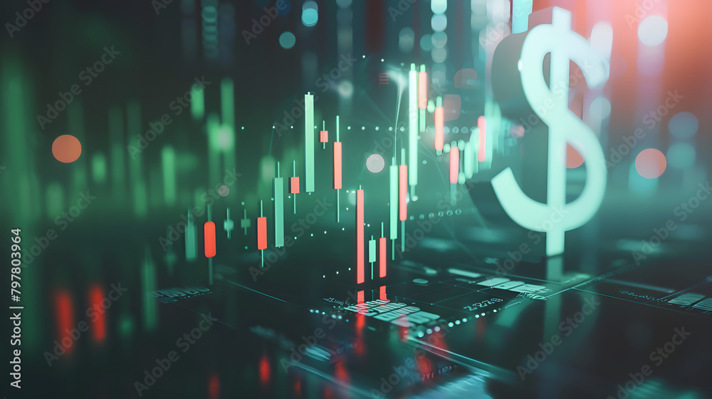Digital setting with stock market diagrams and charts on the right. a ...