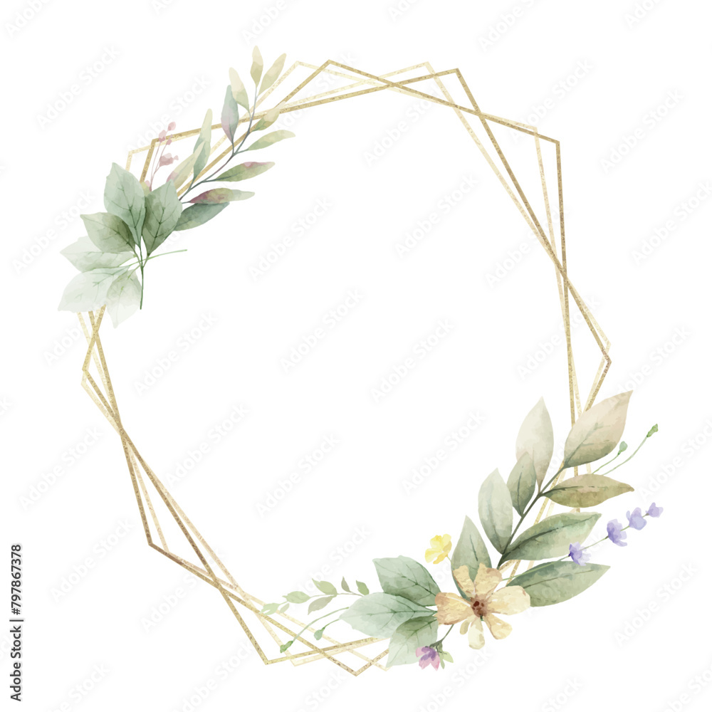 Watercolor delicate floral frame with golden geometric shape. Meadow ...