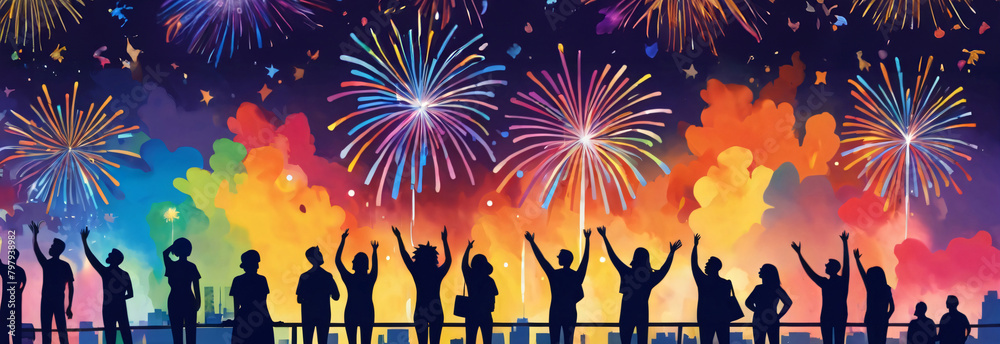 Header with diverse LGBT people raising their hands and watching ...