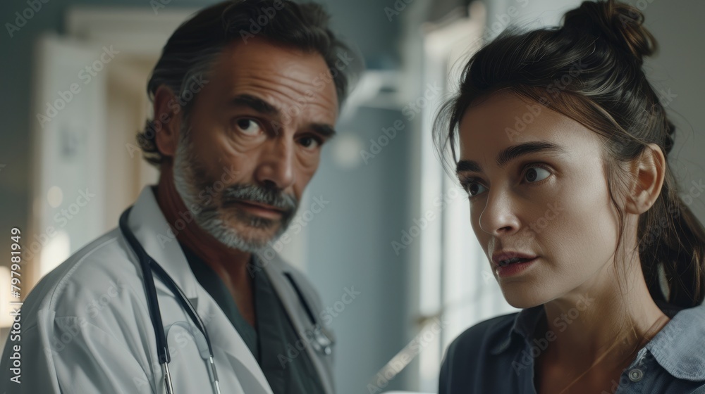 Back view of the doctor engaged in dialogue with a patient ...