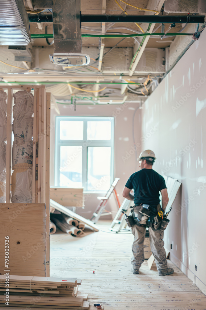 Rear view of professional interior renovation worker in home apartment ...