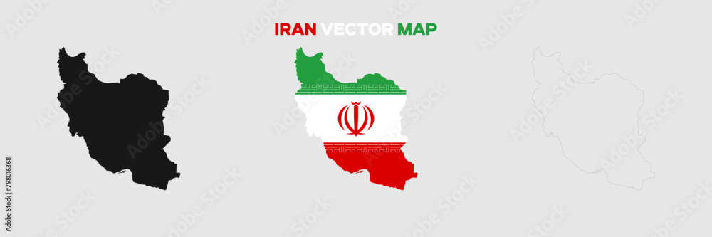 Iran Map Vector Pack. Map with Flag. Gray Map Silhouette. Gray Outline ...