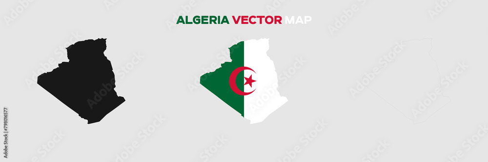 Algeria Map Vector Pack. Map with Flag. Gray Map Silhouette. Gray ...