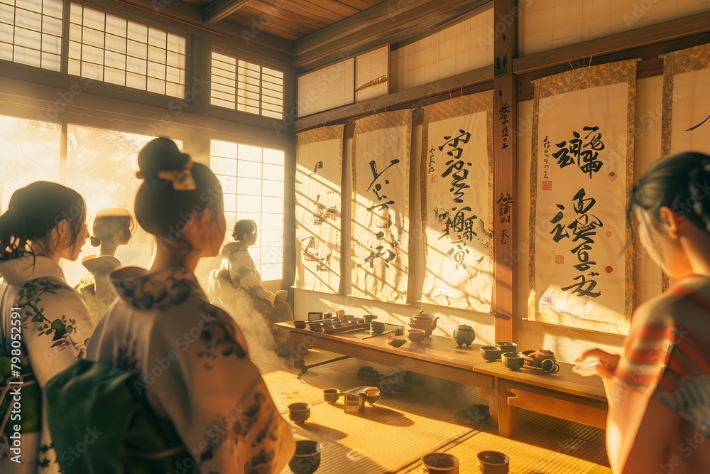 Elegant Japanese Tea Ceremony in Bright Sunlit Tearoom with ...