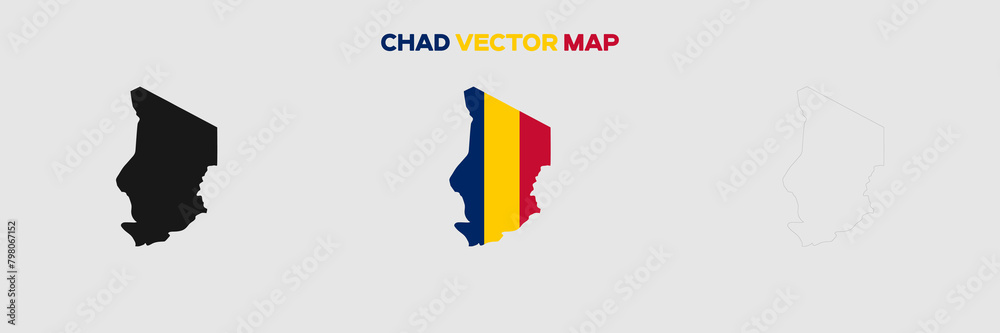Chad Map Vector Pack. Map with Flag. Gray Map Silhouette. Gray Outline ...
