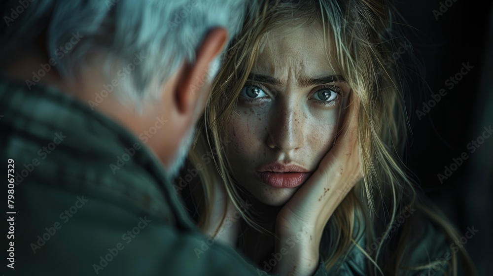 A fearful young woman is held captive by a maniac man, evoking a ...