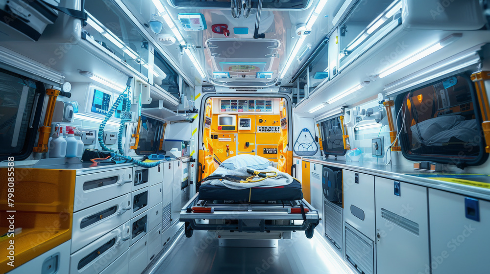 Interior of a modern, fully equipped ambulance with medical supplies ...