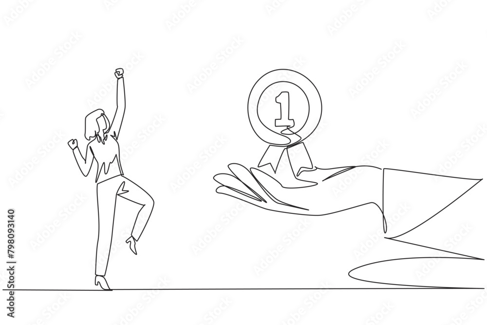 Single continuous line drawing businesswoman was happy to get reward ...