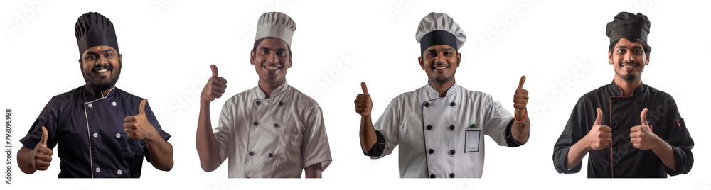 Enthusiastic Indian male chefs with thumbs up in traditional uniforms ...