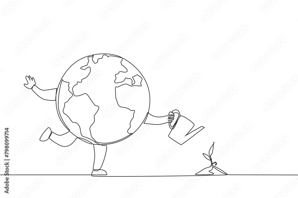 Continuous one line drawing globe watering plant seed. Plant plants ...