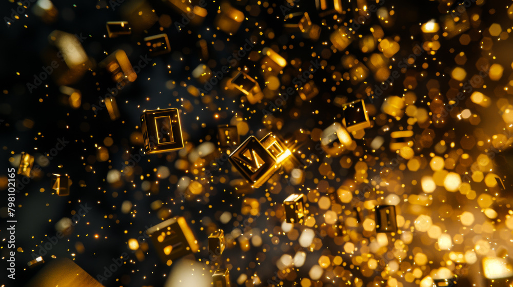 Gold and black colors, latin or exotic language letters are scattered ...